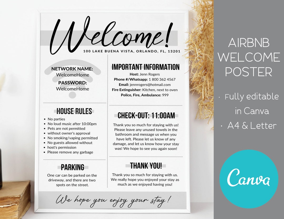 Airbnb Welcome Poster Template Sign, Airbnb Poster Editable Host Info ...