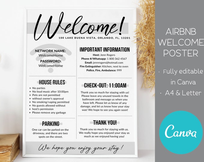 Airbnb Welcome Poster Template Sign Airbnb Poster Editable - Etsy