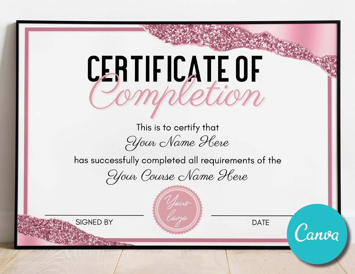 Editable Certificate of Completion Pink Template Award Custom - Etsy