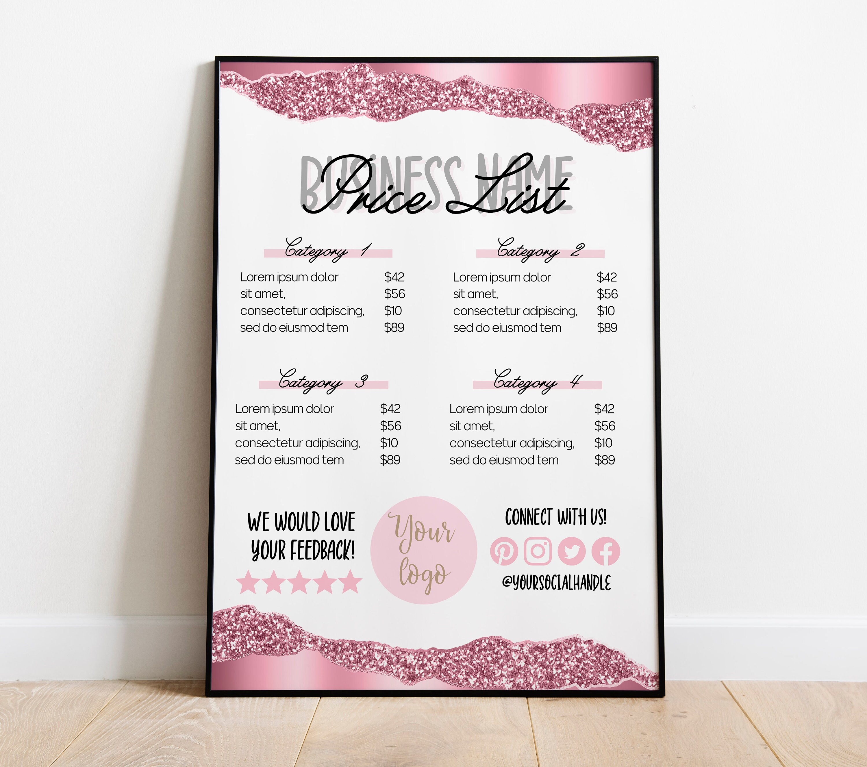 Pink Glitter Editable Price List Template Custom Salon Bakery | Etsy