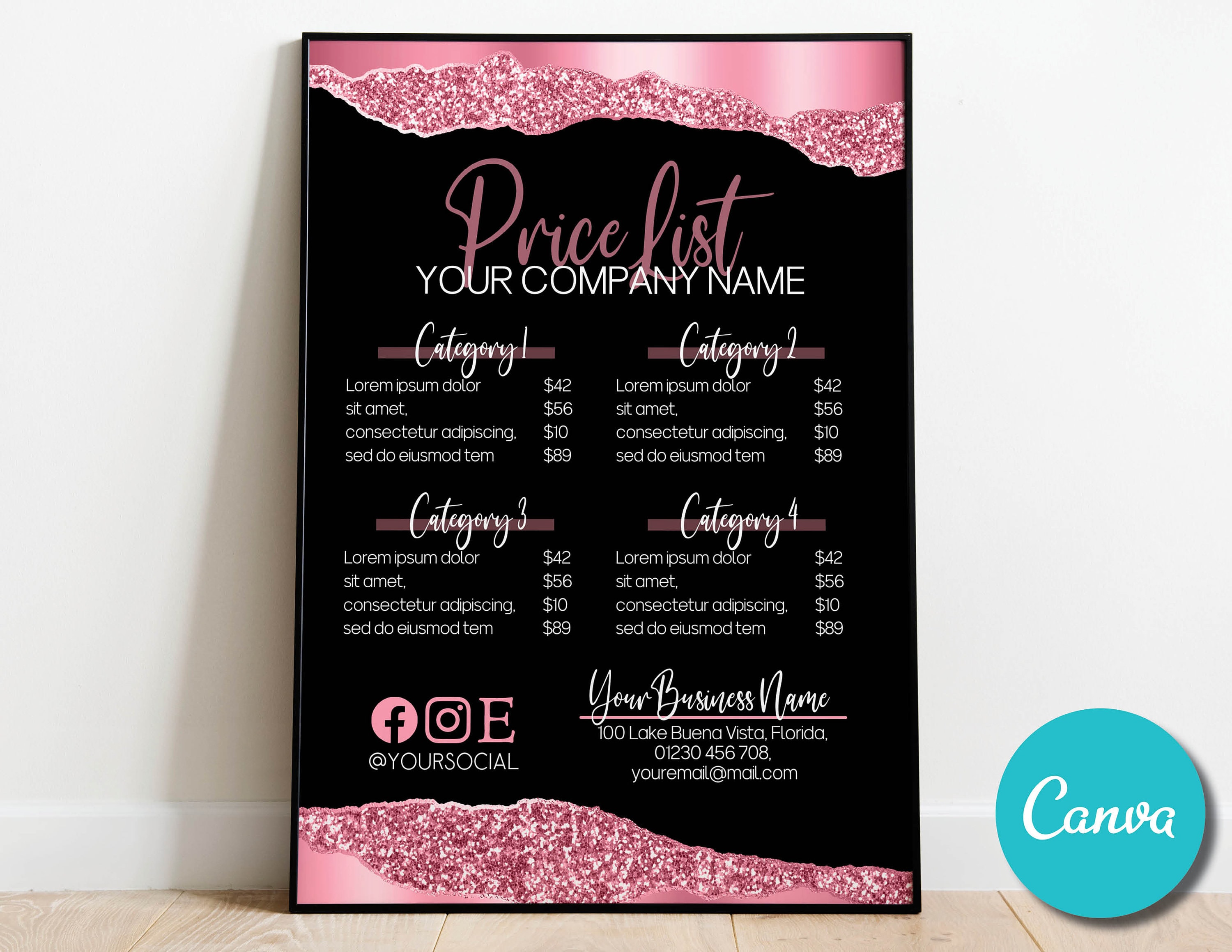 Pink Glitter Editable Price List Template Custom Salon Bakery - Etsy