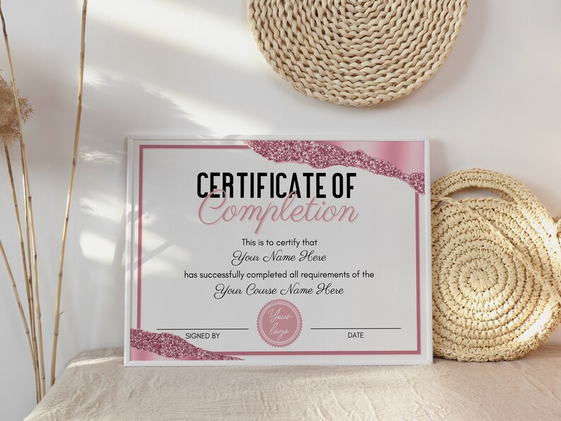 Editable Certificate of Completion Pink Template Award Custom - Etsy