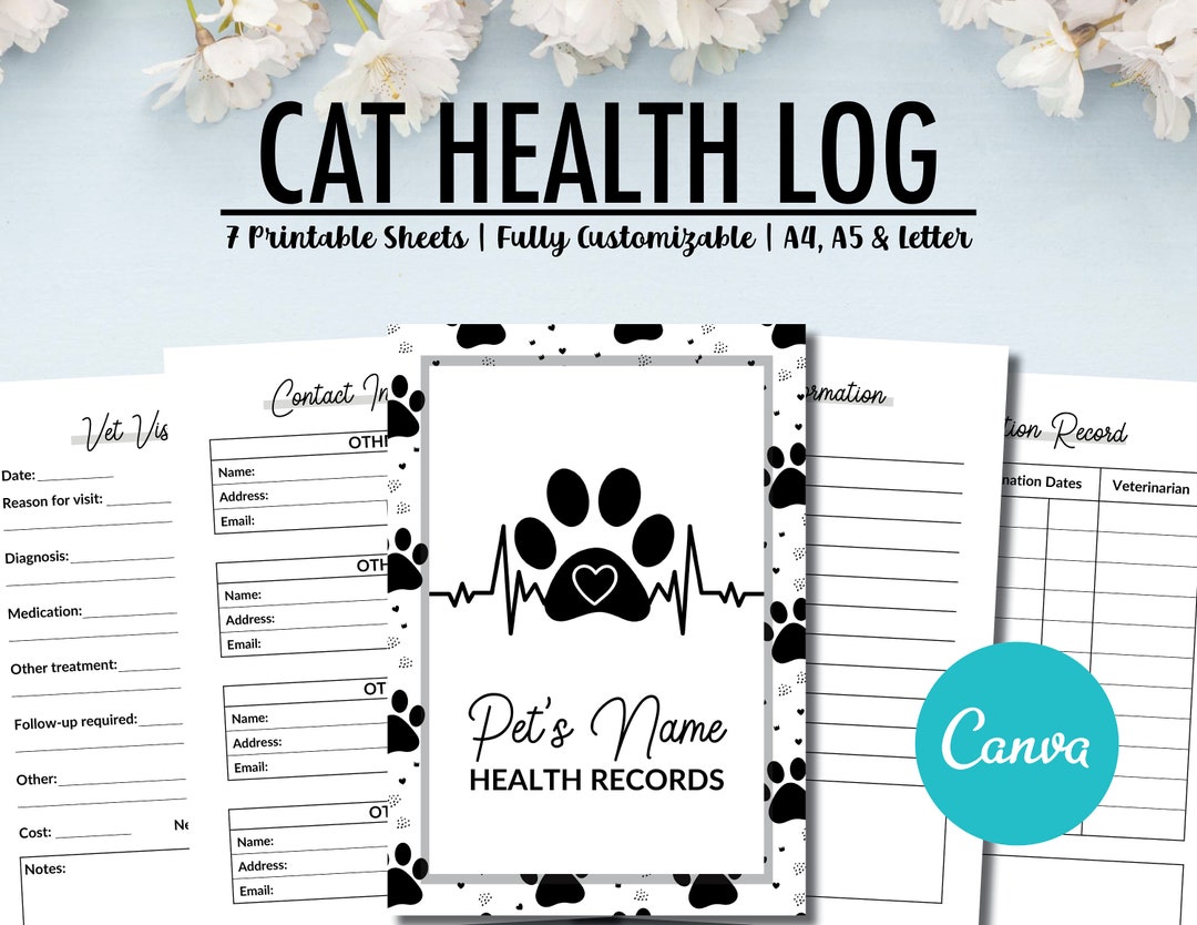 Cat Health Record Vaccine Log Immunization Printable, Customizable Cat ...