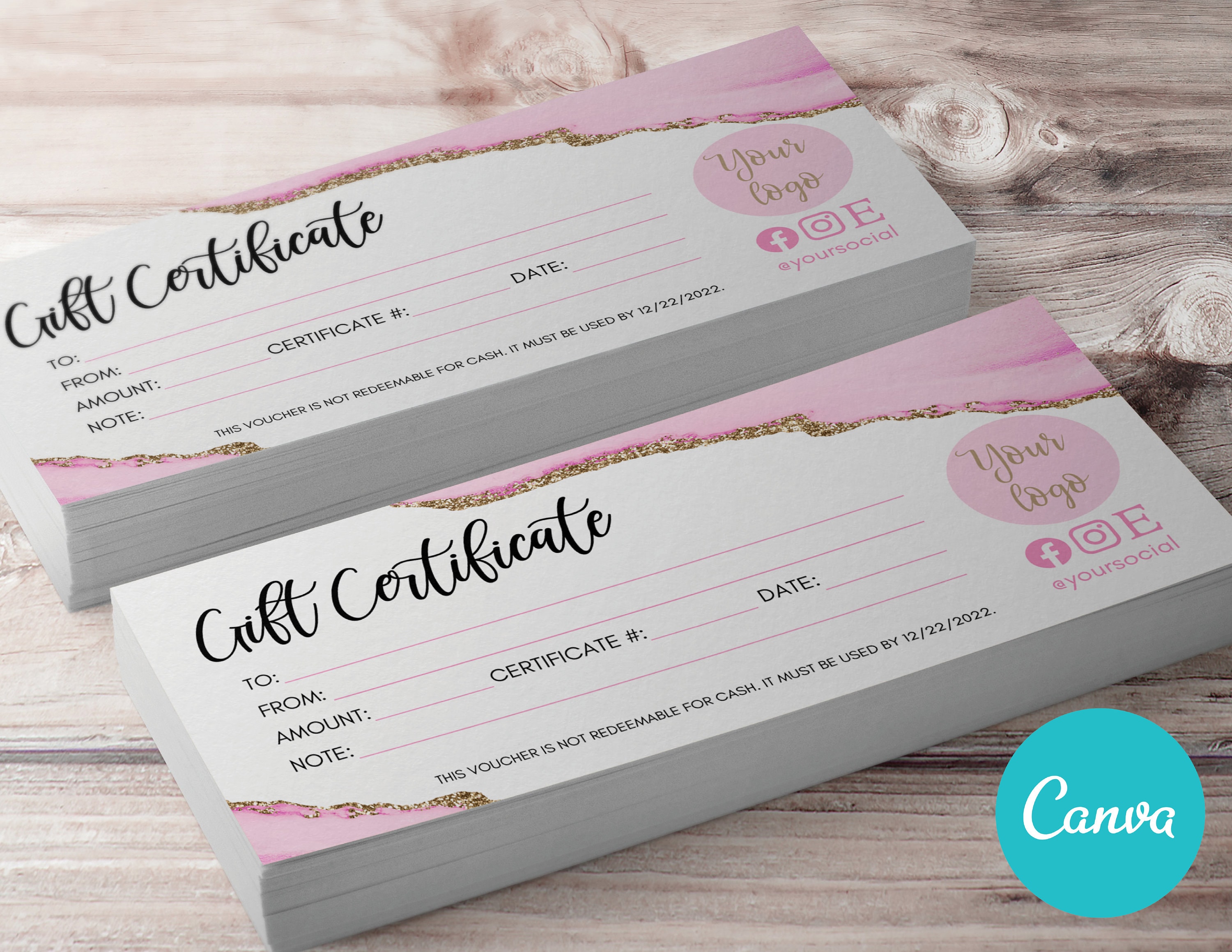 Pink Editable DIY Gift Card Certificate Template Gift Voucher - Etsy UK