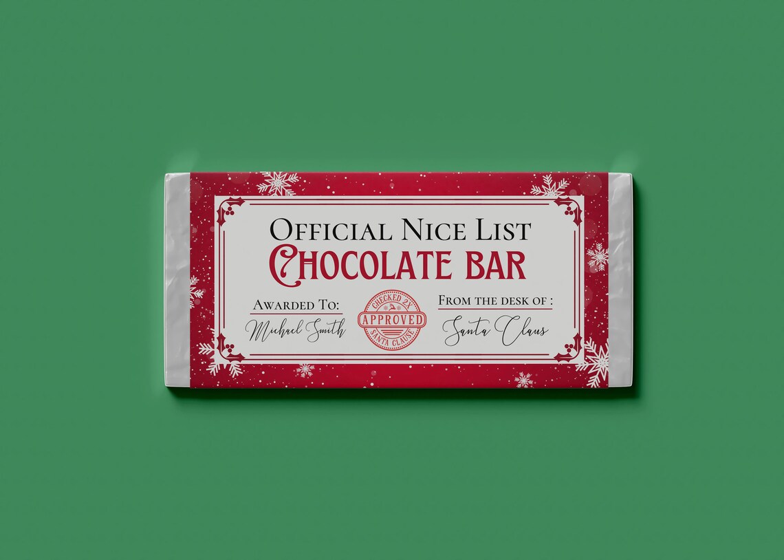 Santa Nice List Chocolate Bar Wrapper Editable Certificate - Etsy