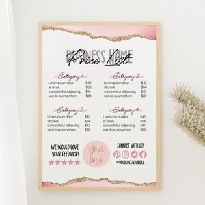 Pink Gold Editable Price List Template, Custom Salon Bakery Price List ...
