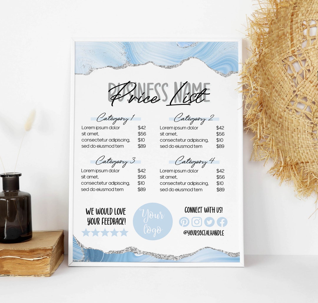 Blue Editable Price List Template, Custom Salon Bakery Price List ...