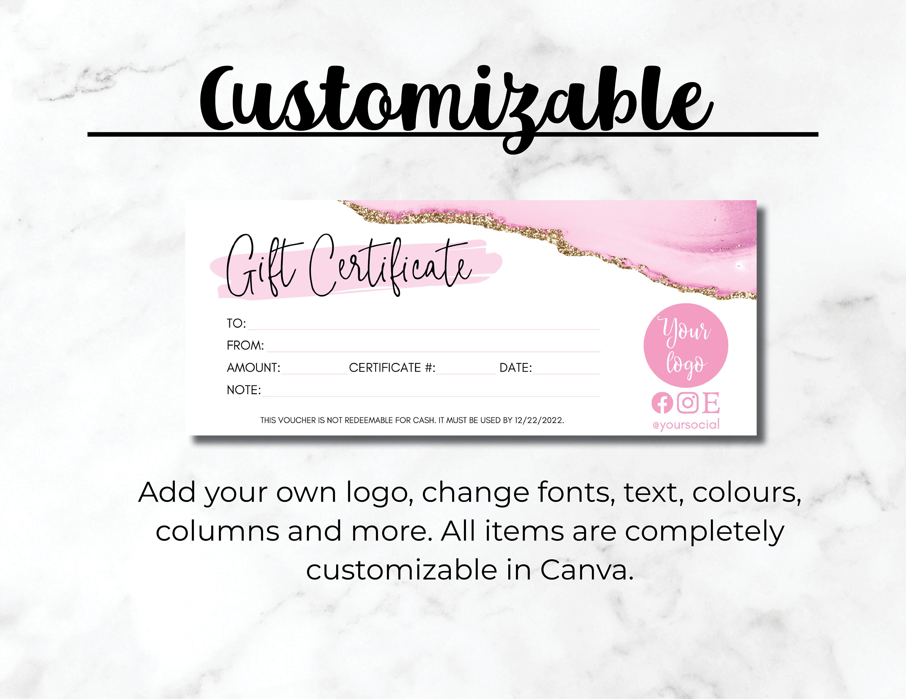 Pink Editable DIY Gift Card Certificate Template Gift Voucher - Etsy