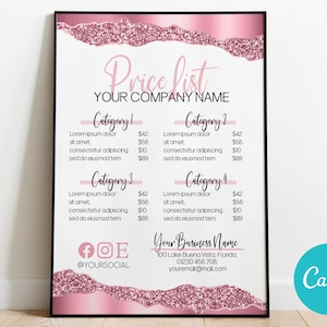 Pink Glitter Editable Price List Template, Custom Salon Bakery Price ...