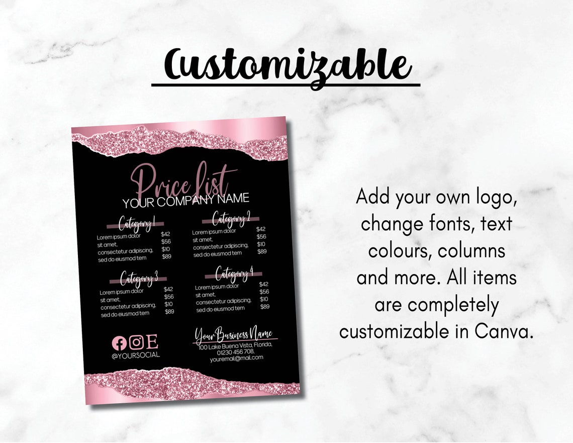Pink Glitter Editable Price List Template Custom Salon Bakery - Etsy