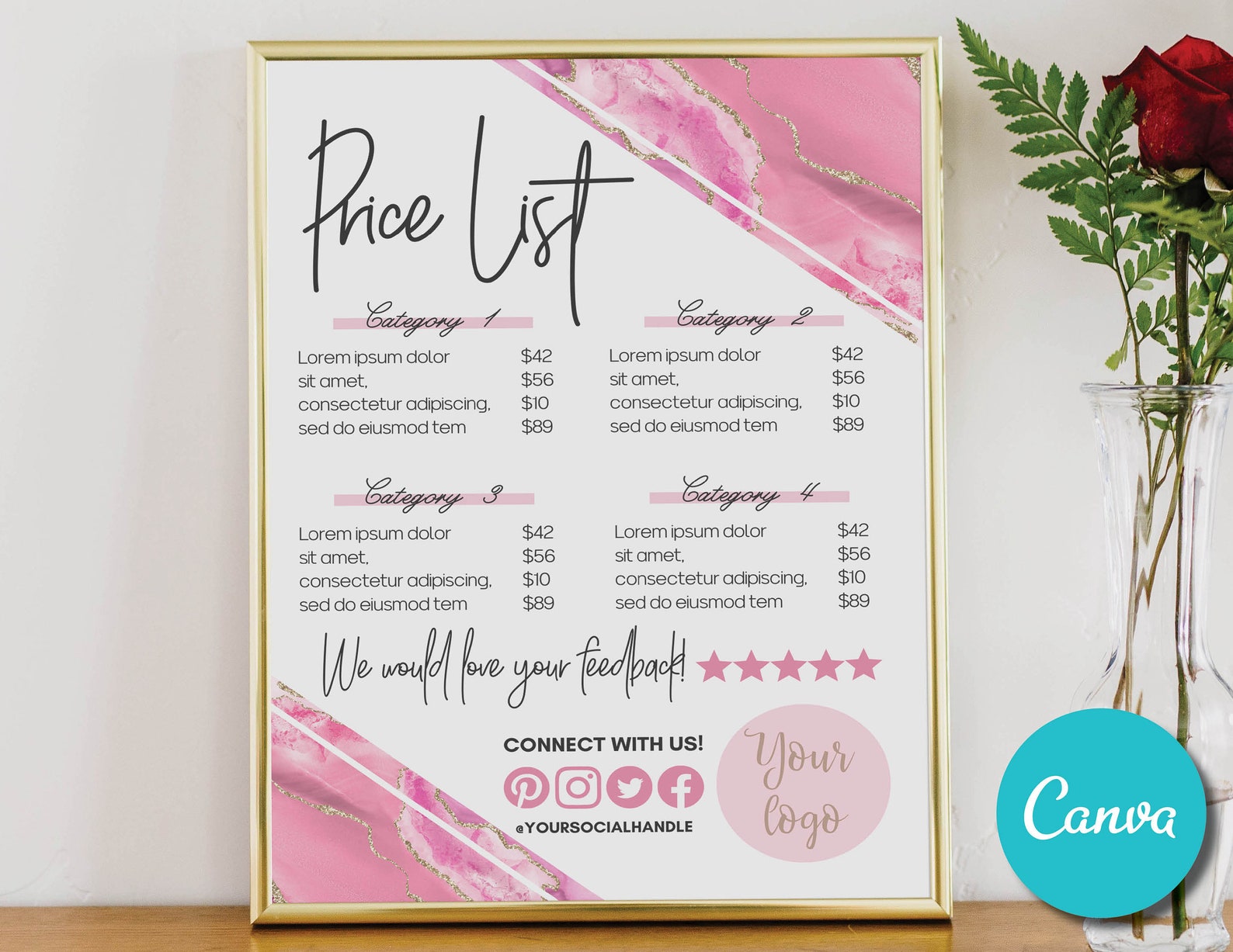 Pink Flower Editable Price List Template Custom Salon Bakery - Etsy