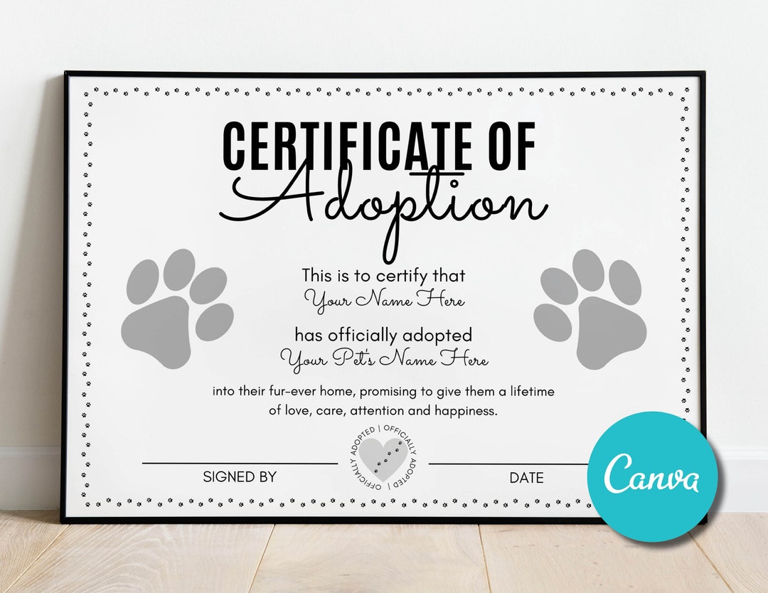 Editable Cat Dog Pet Adoption Certificate, Adopt an Animal, Printable ...