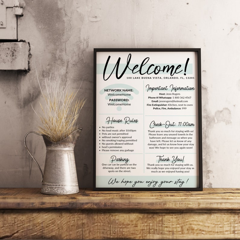 Airbnb Welcome Poster Template Sign, Airbnb Poster Editable Host Info ...