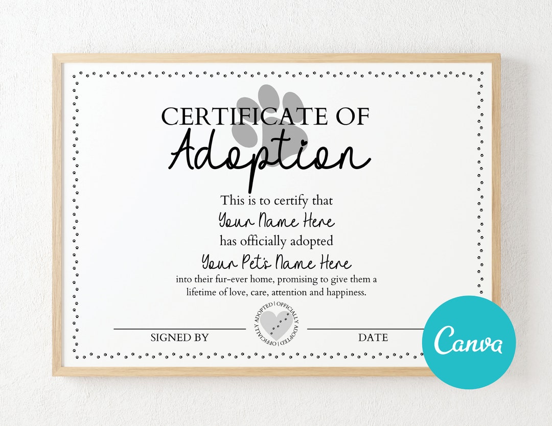 Editable Cat Dog Pet Adoption Certificate, Adopt an Animal, Printable ...