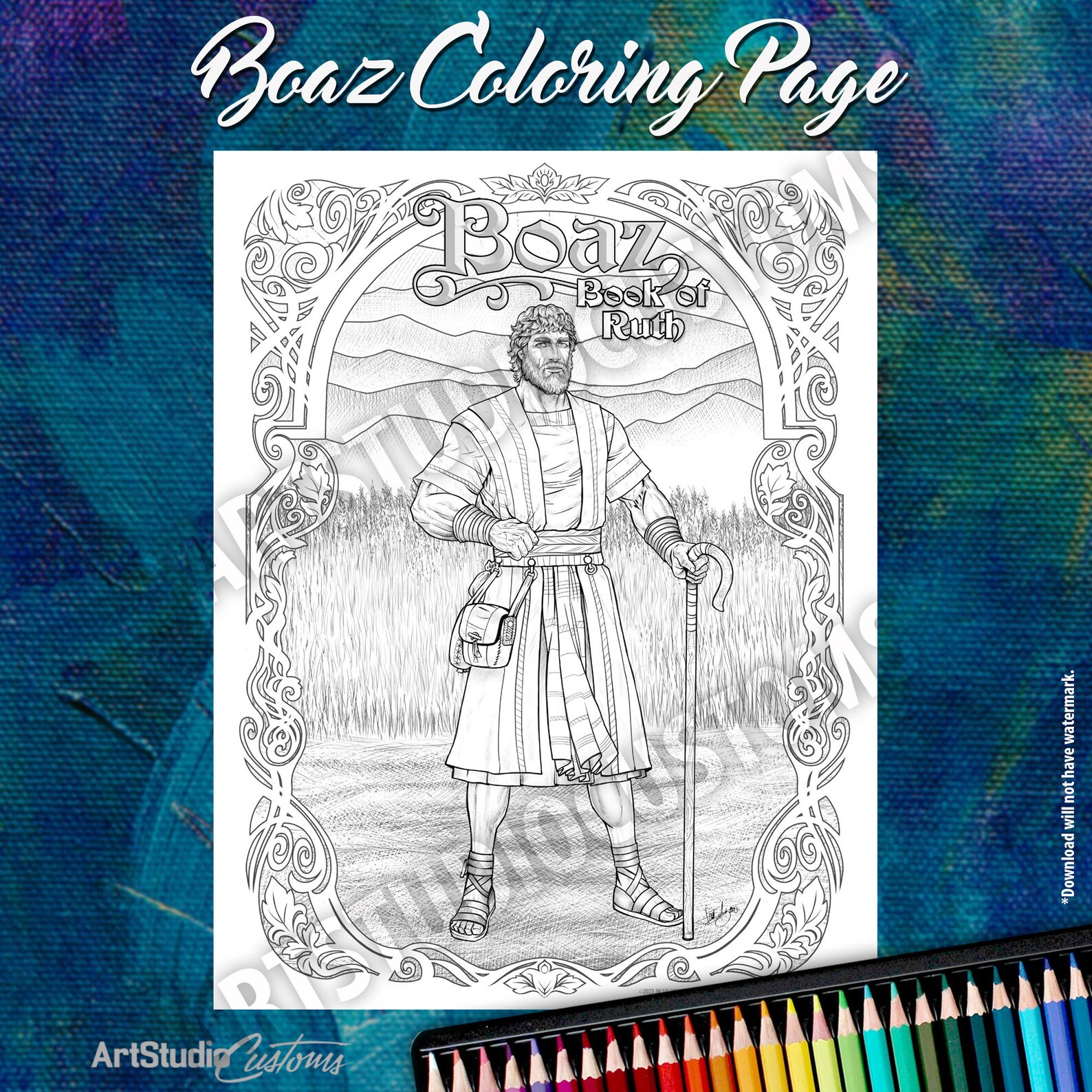 Printable Boaz Coloring Page, From the Old Testament, Hand-drawn, Black ...