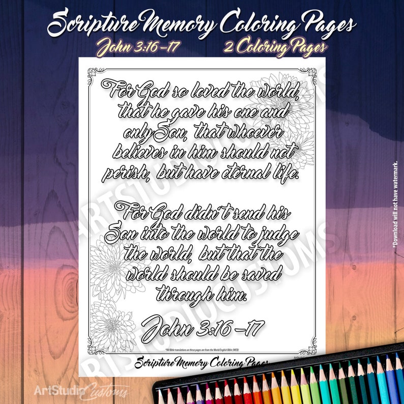 Scripture Memory Coloring Pages, John 3:16-17, Printable Black and ...
