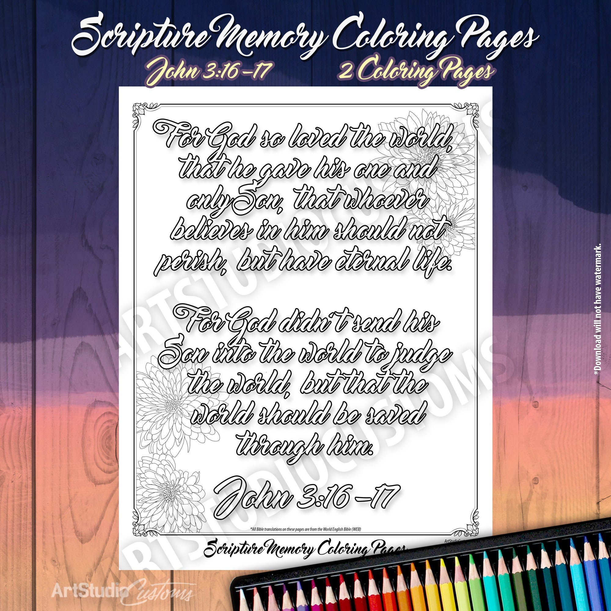 Scripture Memory Coloring Pages, John 3:16-17, Printable Black and ...