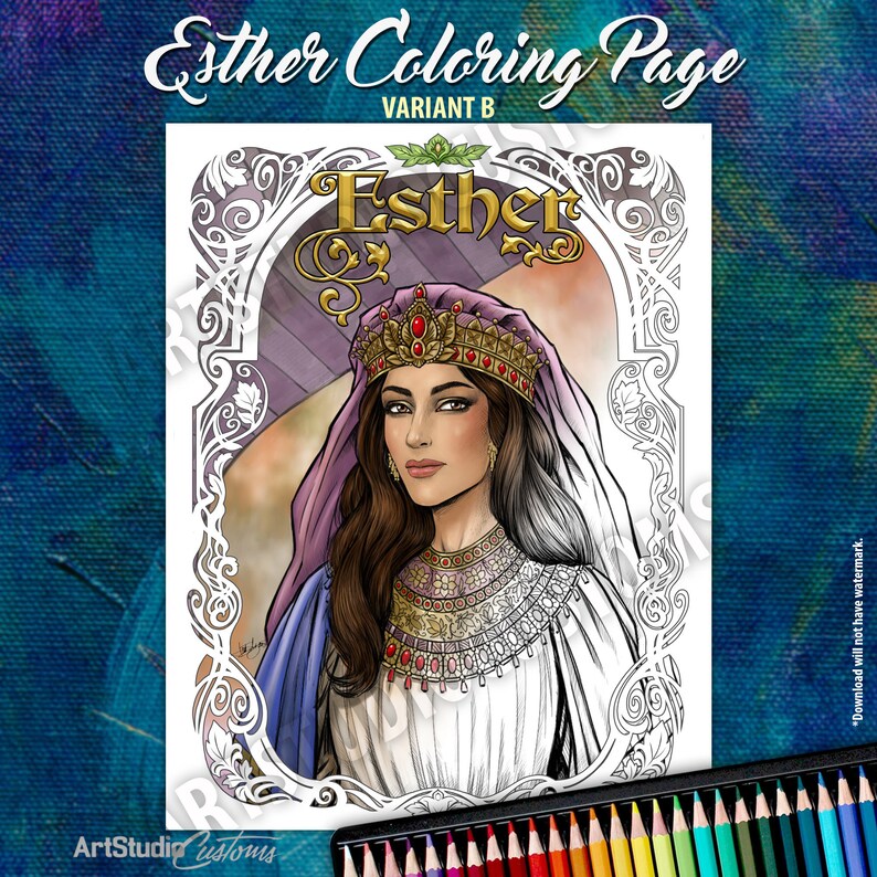 Printable Esther Coloring Page, Variant B, Old Testament, Hand-drawn ...