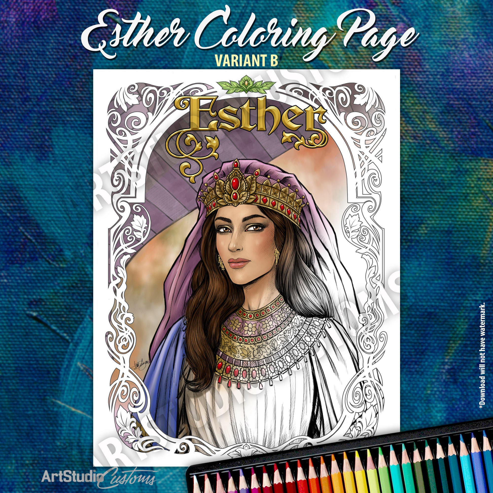 Printable Esther Coloring Page, Variant B, Old Testament, Hand-drawn ...