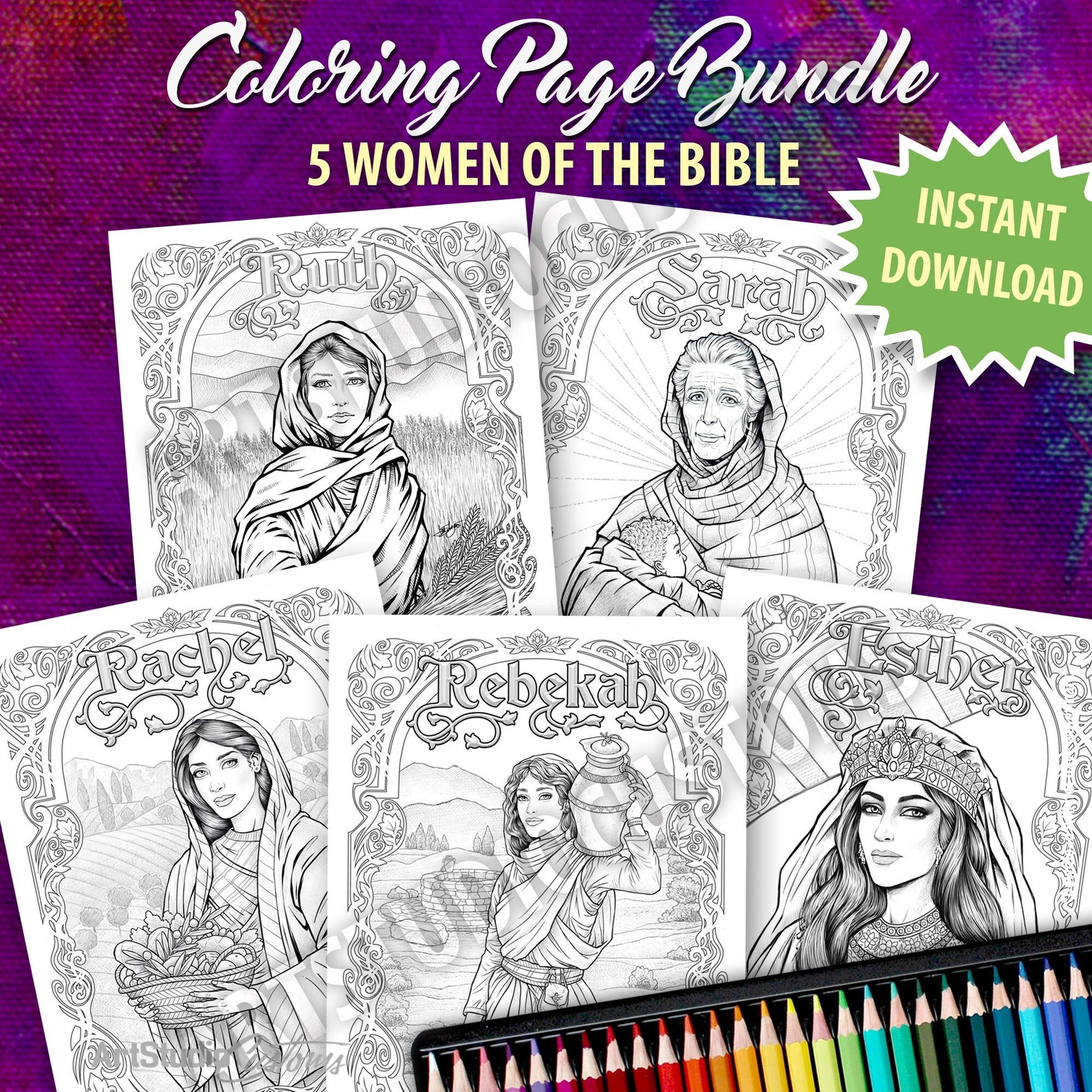 5 Women of the Bible Coloring Page BUNDLE, Old Testament, Black and ...