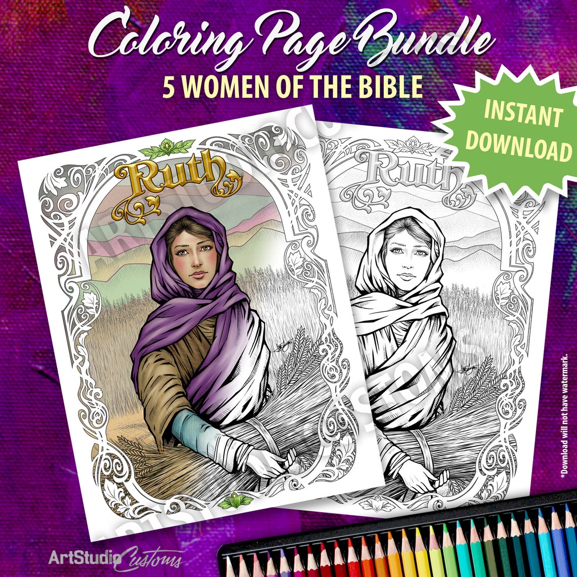 5 Women of the Bible Coloring Page BUNDLE, Old Testament, Black and ...