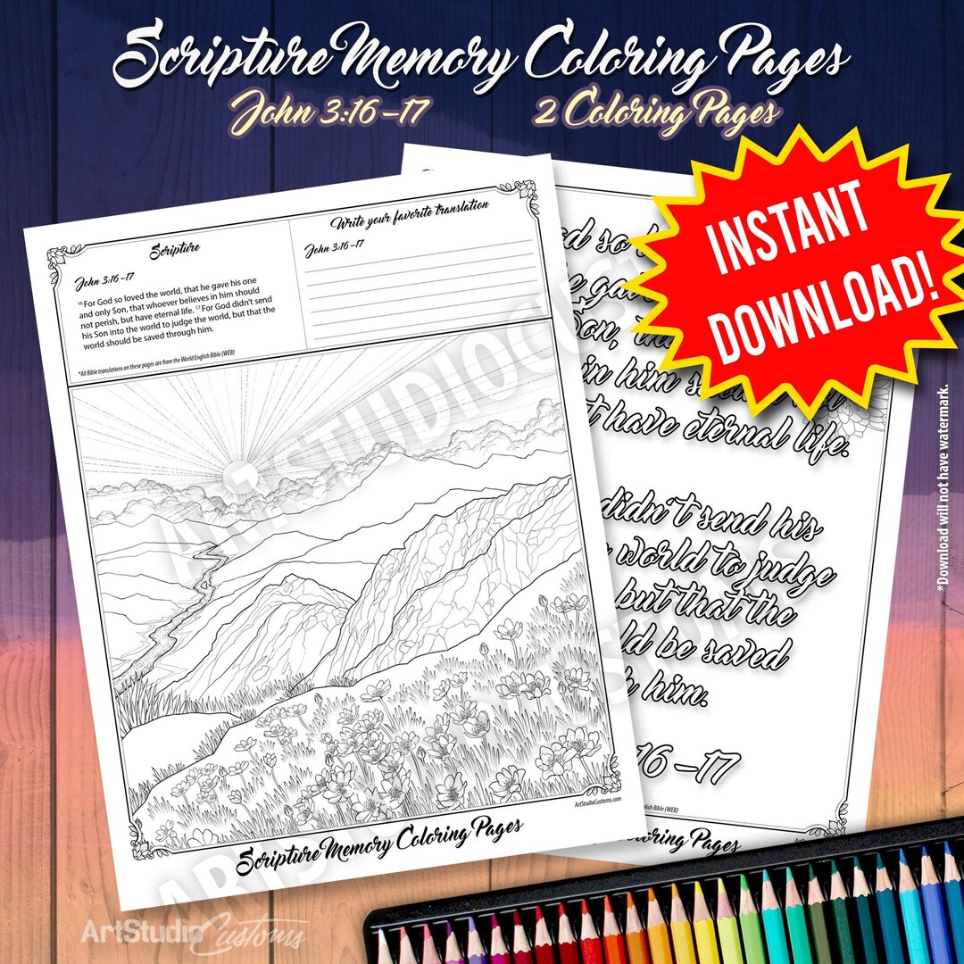 Scripture Memory Coloring Pages, John 3:16-17, Printable Black and ...