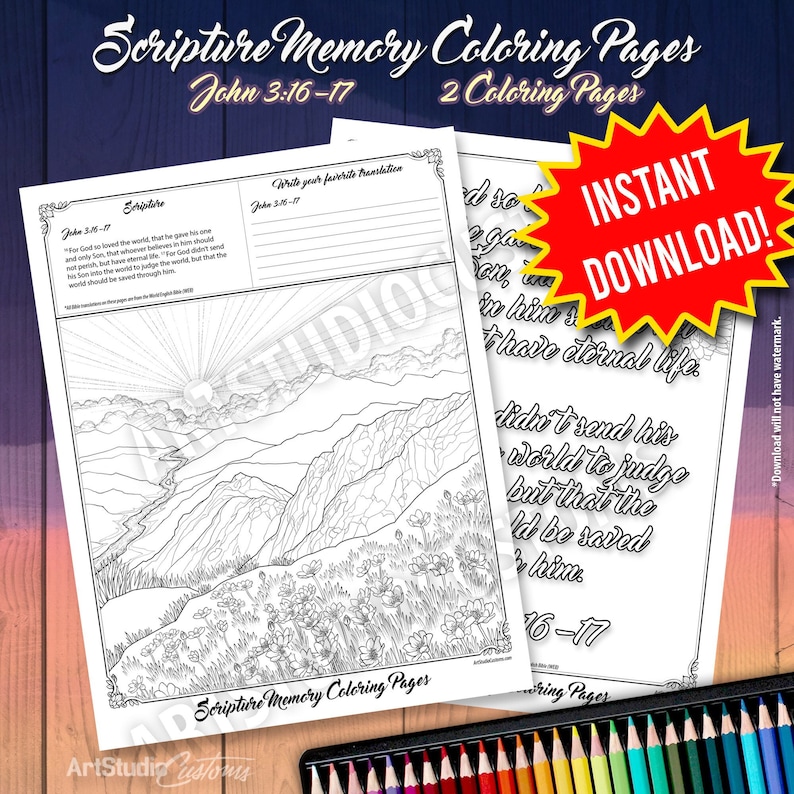 Scripture Memory Coloring Pages, John 3:16-17, Printable Black and ...