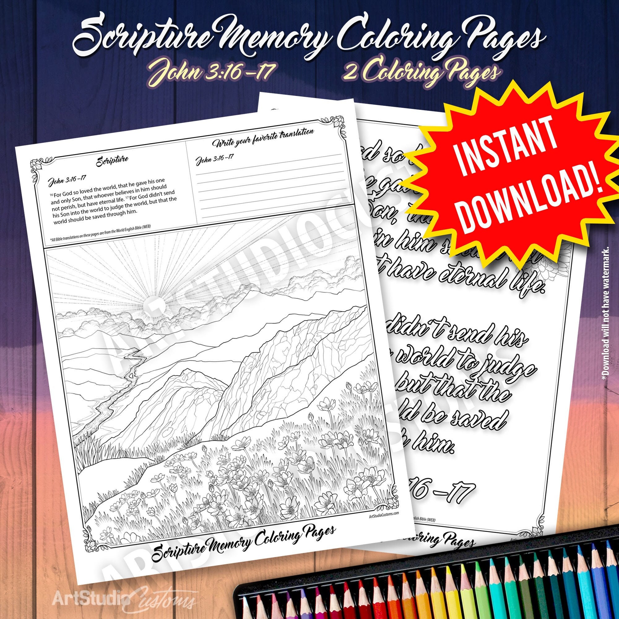 Scripture Memory Coloring Pages, John 3:16-17, Printable Black and ...