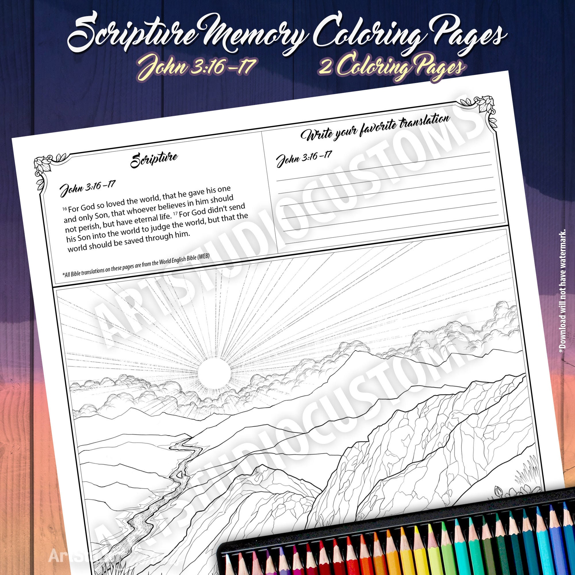 Scripture Memory Coloring Pages, John 3:16-17, Printable Black and ...