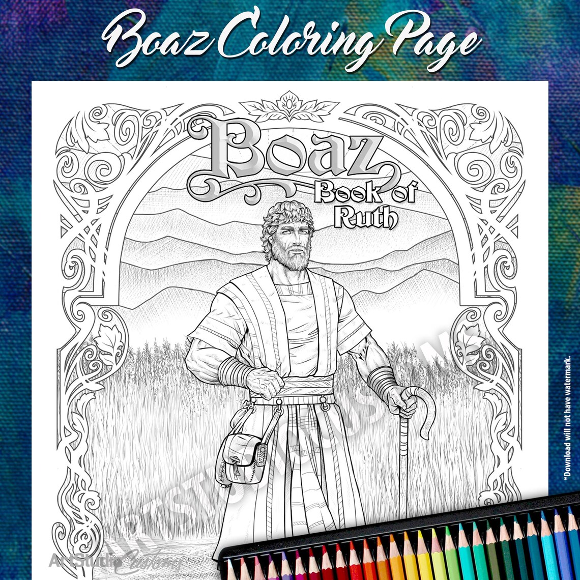 Printable Boaz Coloring Page, From the Old Testament, Hand-drawn, Black ...
