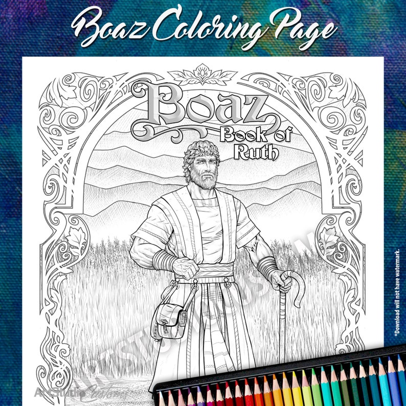 Printable Boaz Coloring Page, From the Old Testament, Hand-drawn, Black ...