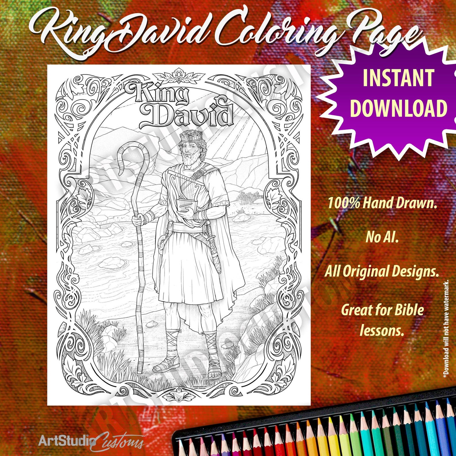 Printable King David Coloring Page, From the Old Testament, Hand-drawn ...