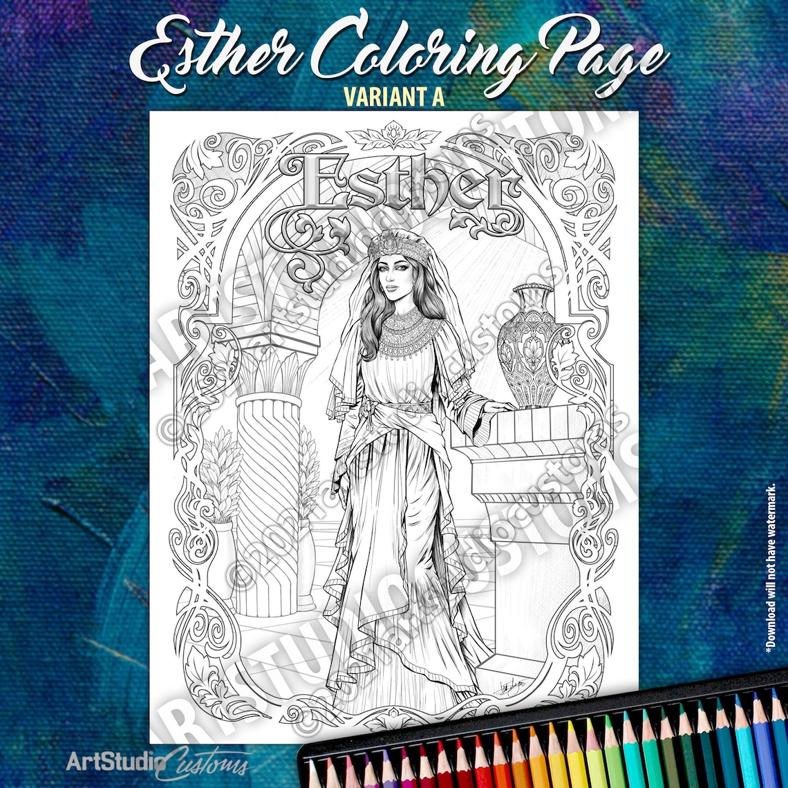 Printable Esther Coloring Page, Variant A, From the Old Testament, Hand ...