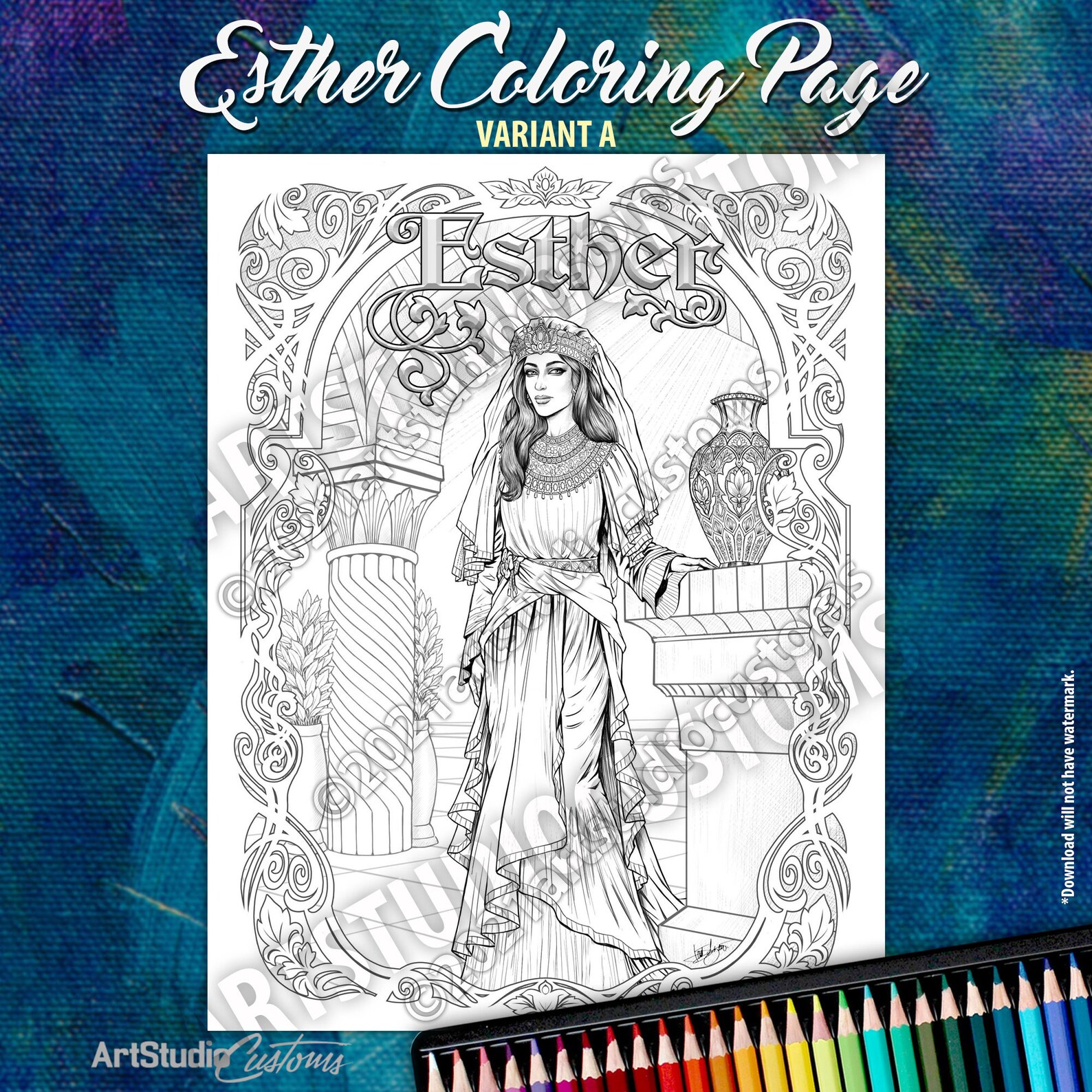 Printable Esther Coloring Page, Variant A, From the Old Testament, Hand ...