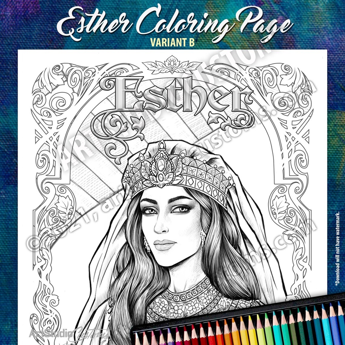 Printable Esther Coloring Page, Variant B, Old Testament, Hand-drawn ...