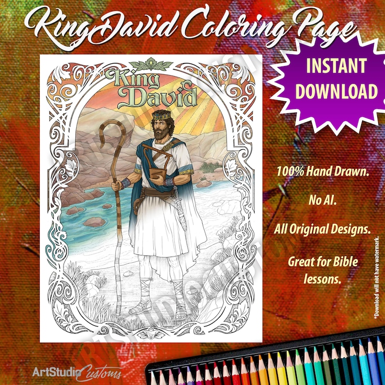 Printable King David Coloring Page, From the Old Testament, Hand-drawn ...