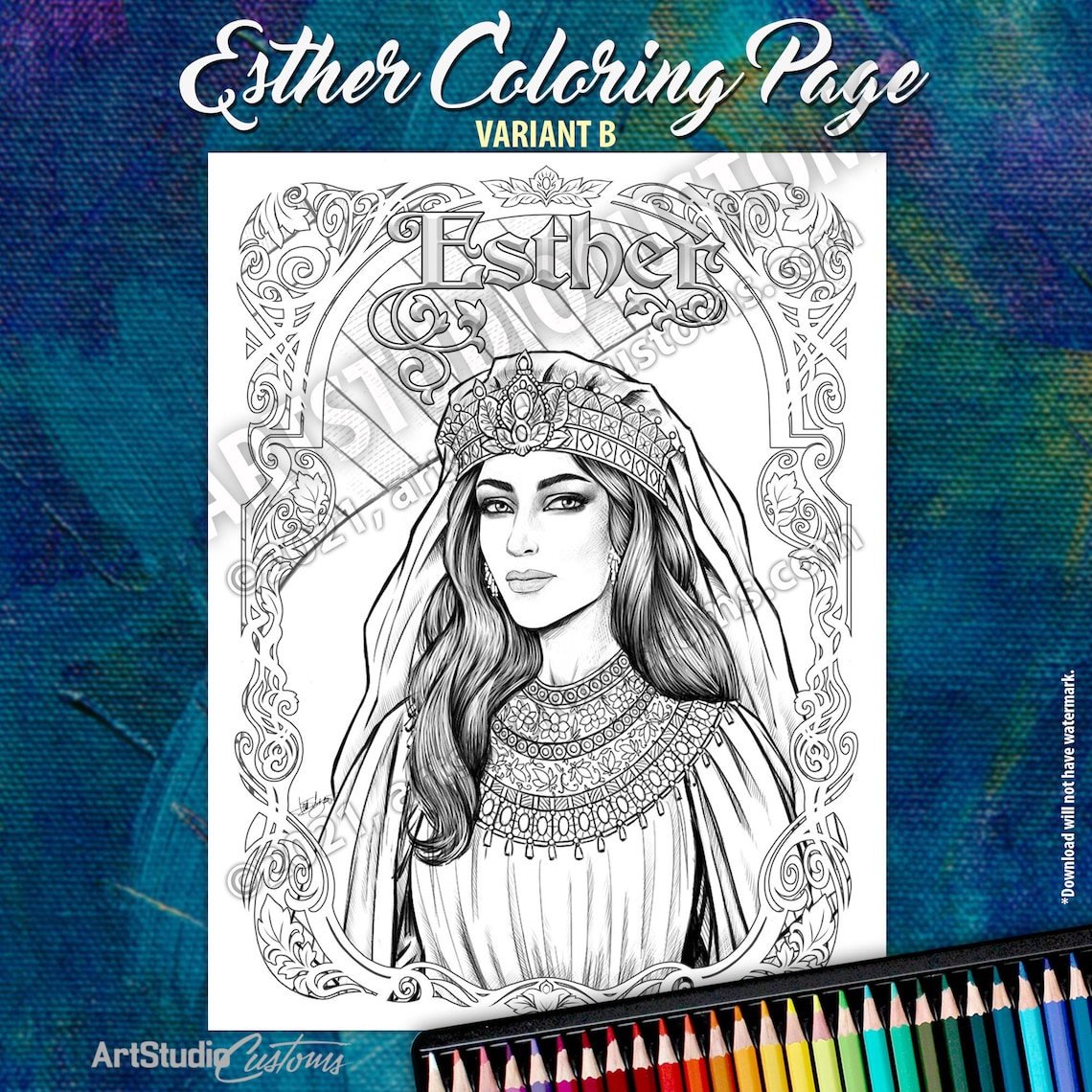 Printable Esther Coloring Page, Variant B, Old Testament, Hand-drawn ...
