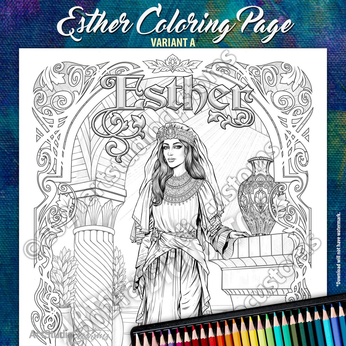 Printable Esther Coloring Page, Variant A, From the Old Testament, Hand ...