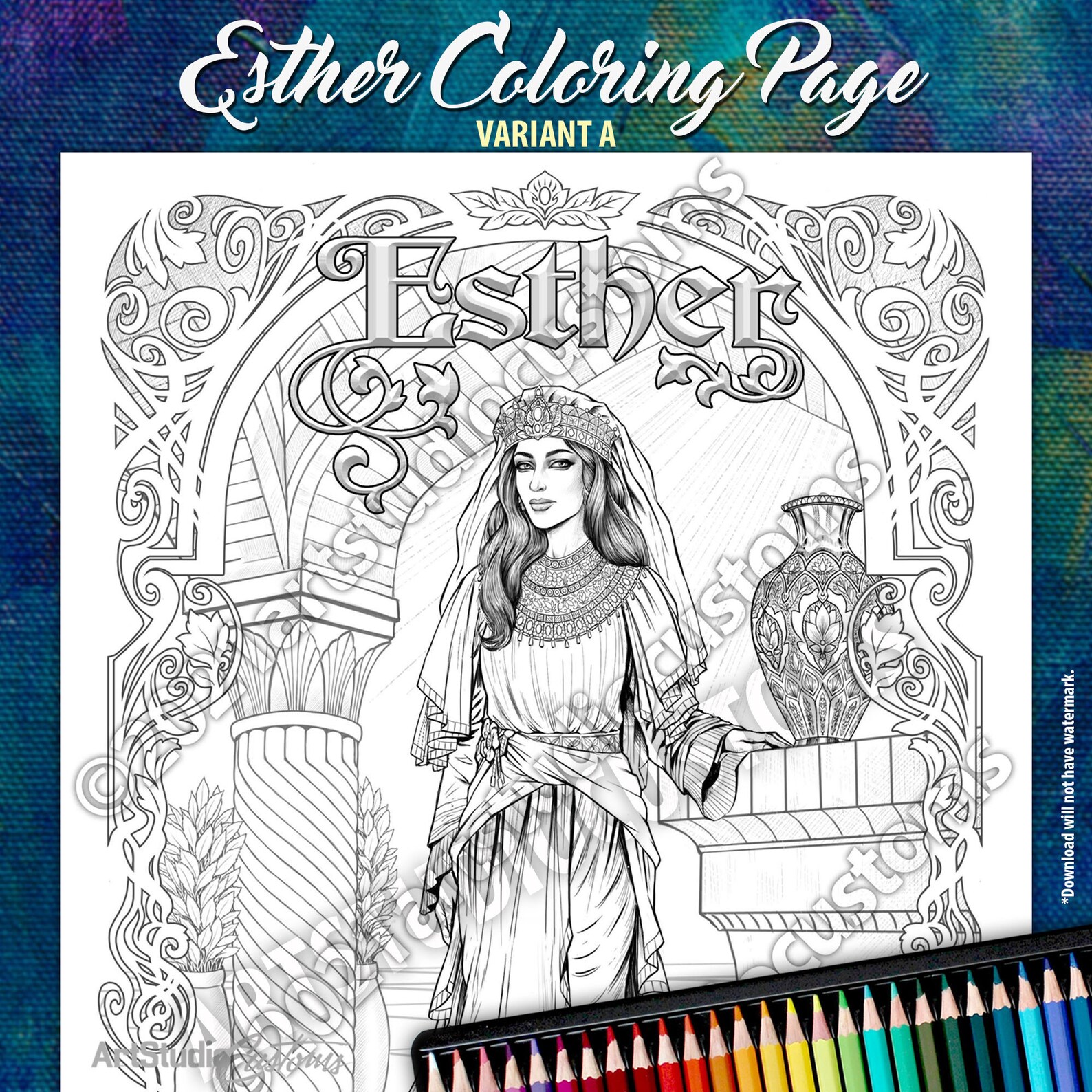 Printable Esther Coloring Page, Variant A, From the Old Testament, Hand ...