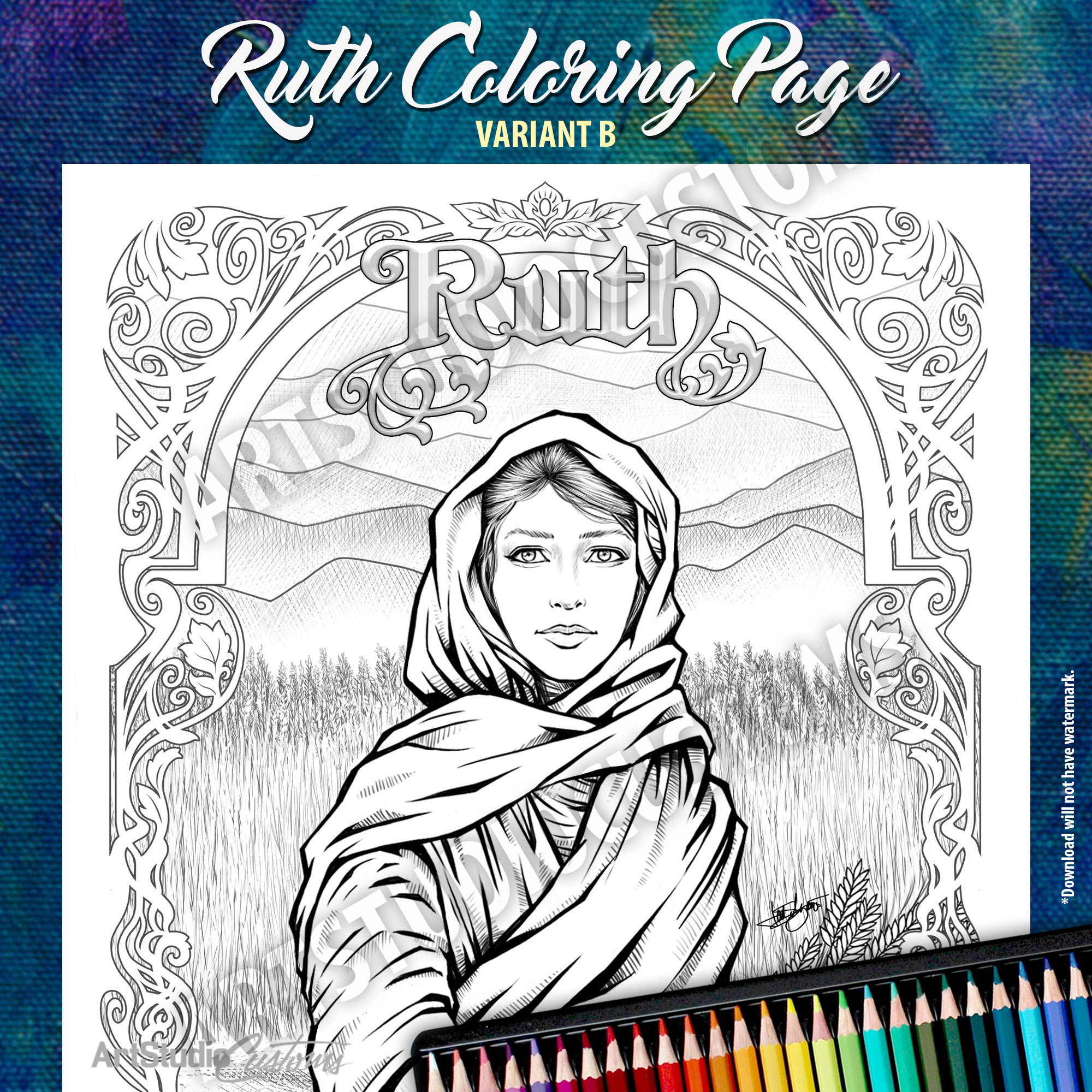 Printable Ruth Coloring Page, Variant B, Old Testament, Hand-drawn ...