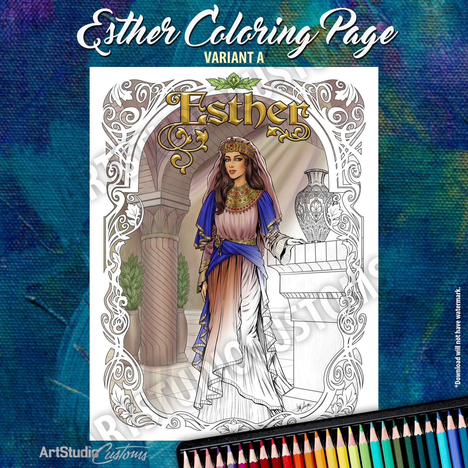 Printable Esther Coloring Page, Variant A, From the Old Testament, Hand ...