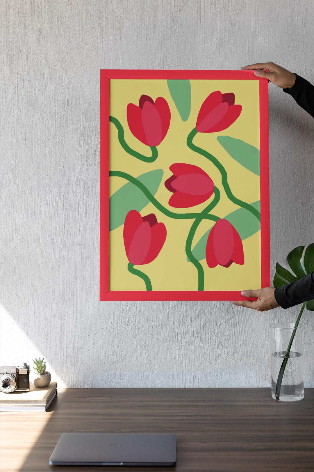 Tangled Tulips Poster Yellow Background Bold Digital Artwork Customize ...
