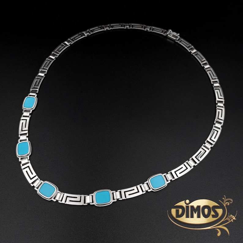 Silver Greek Key Turquoise Necklace. Handmade Ethnic Jewelry. | Etsy