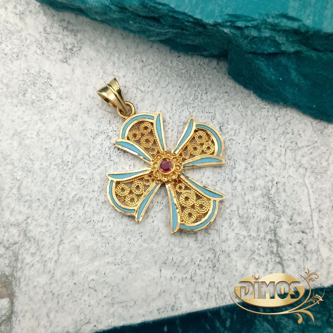 18k Gold Filigree Byzantine Cross With Ruby and Τurquoise Enamel ...