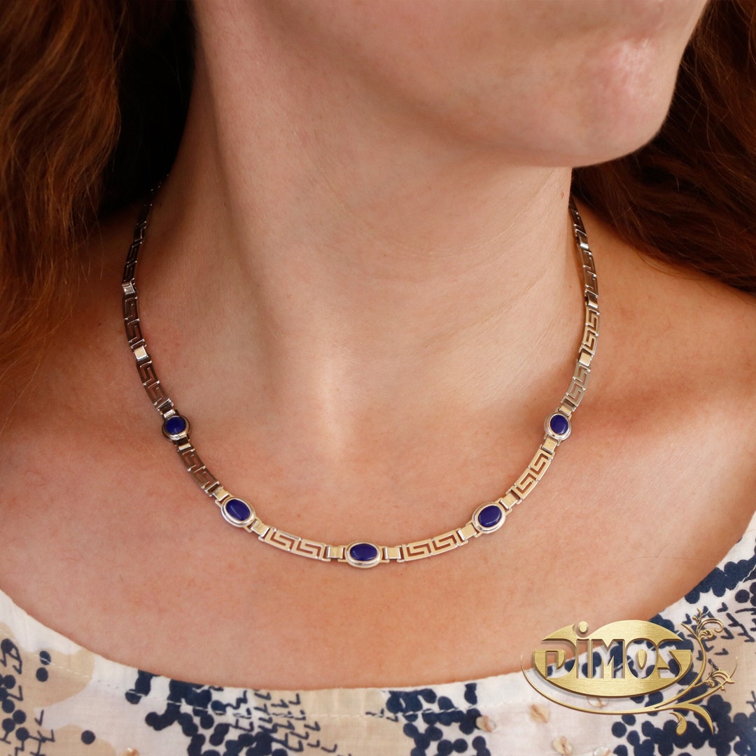 Silver Greek Key Necklace With Lapis Lazuli. Handmade Meander Jewelry ...