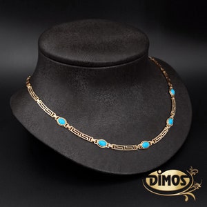 14k Gold Greek Key Necklace With Turquoise. Handmade Ethnic Jewelry ...