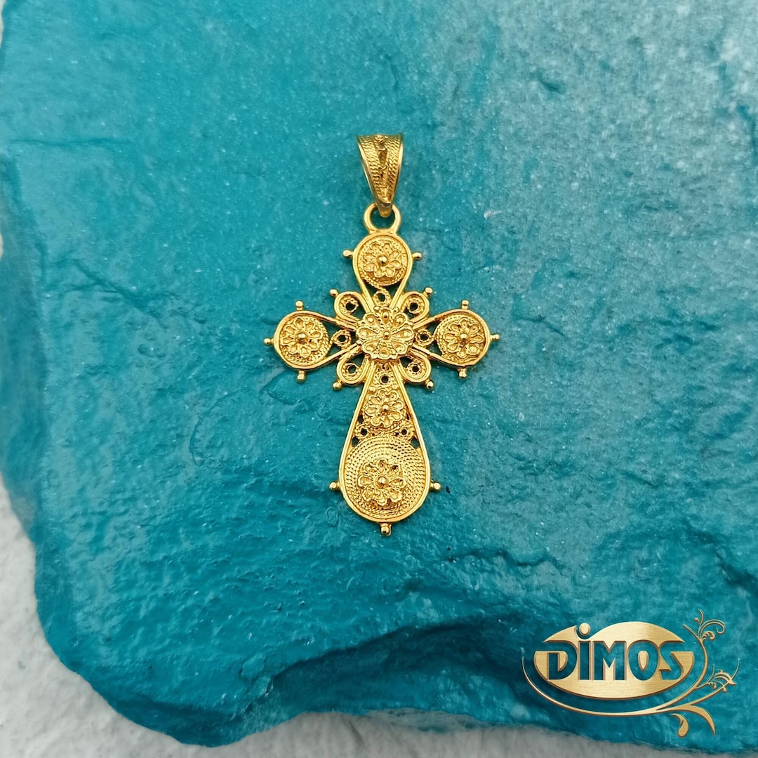 18k Gold Filigree Byzantine Cross With Rosettes. Handmade Symbol of ...