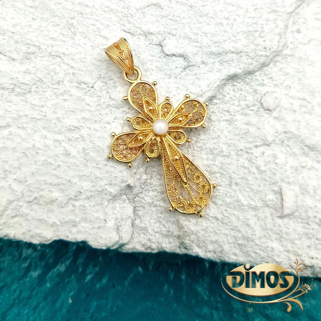 18k Gold Filigree Cross With Natural Pearl. Elegant Faith Jewelry for ...