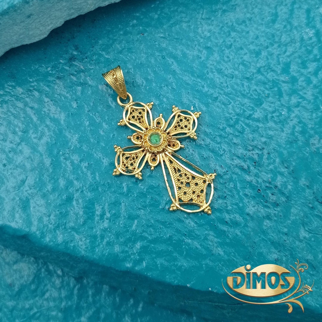 18k Gold Filigree Greek Byzantine Cross With Emerald. Handmade ...