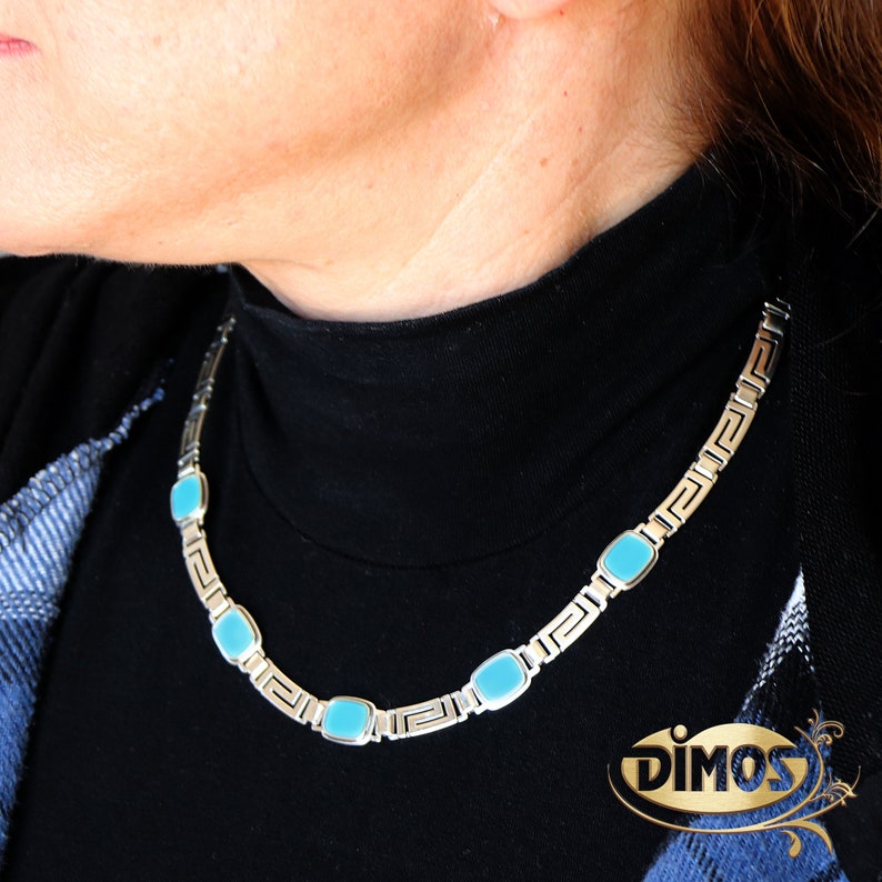 Silver Greek Key Turquoise Necklace. Handmade Ethnic Jewelry. - Etsy